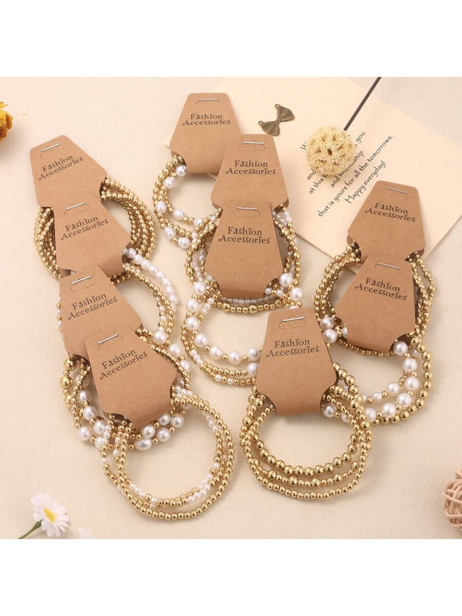 3-Pack Beaded Bracelet Set with Faux Pearl & Gold-Tone Beads ...