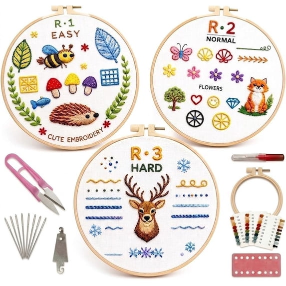 3-Pack Beginner Embroidery Practice Kit, Diverse & Patterns Stamped ...