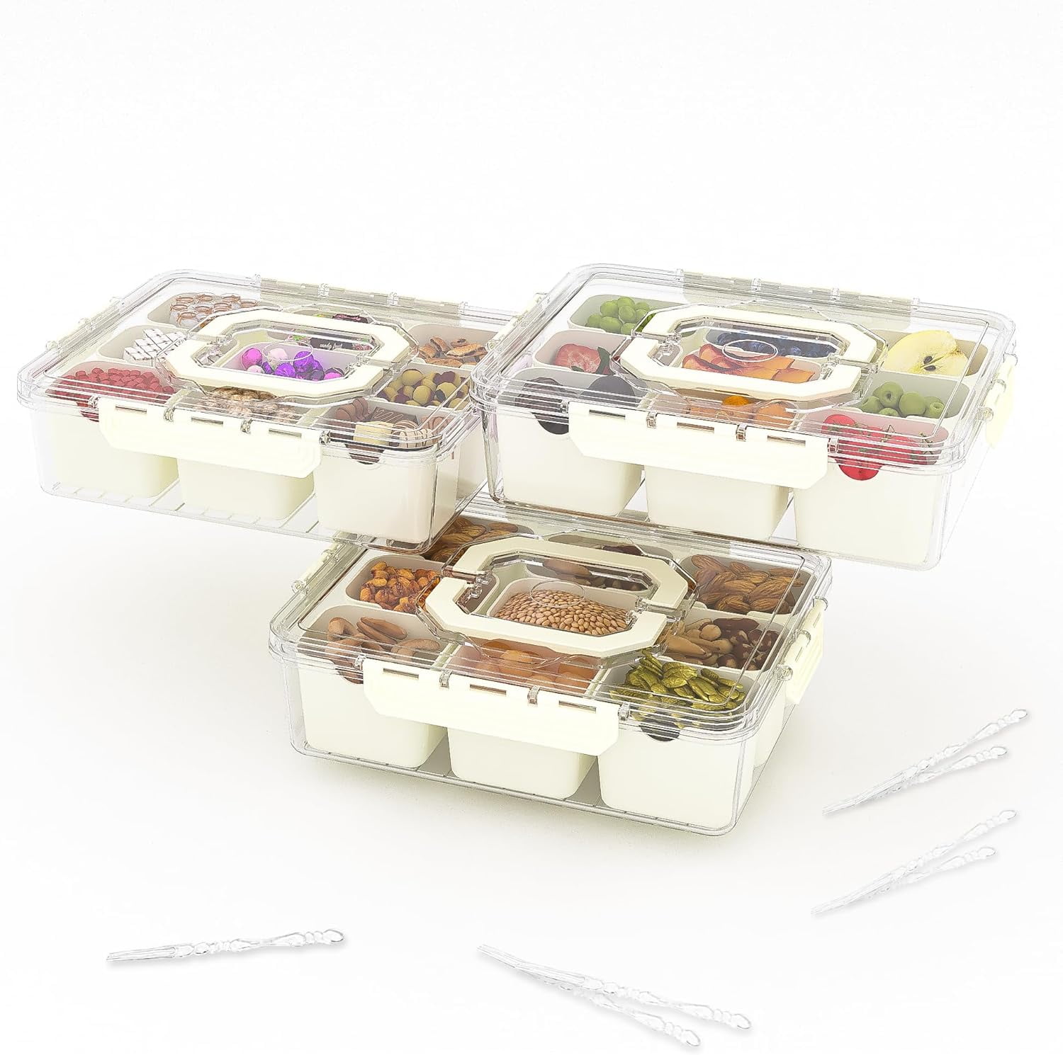 3 Pack Beige Divided Serving Tray with Lid and Handles 9 Compartments ...