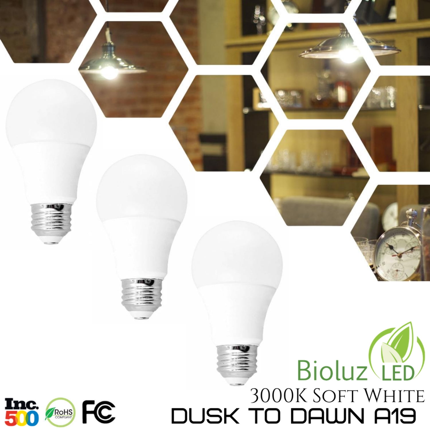 Bioluz LED 3 Pack Dusk to Dawn A19 Bulb, 60W Replacement, 9W, Indoor ...