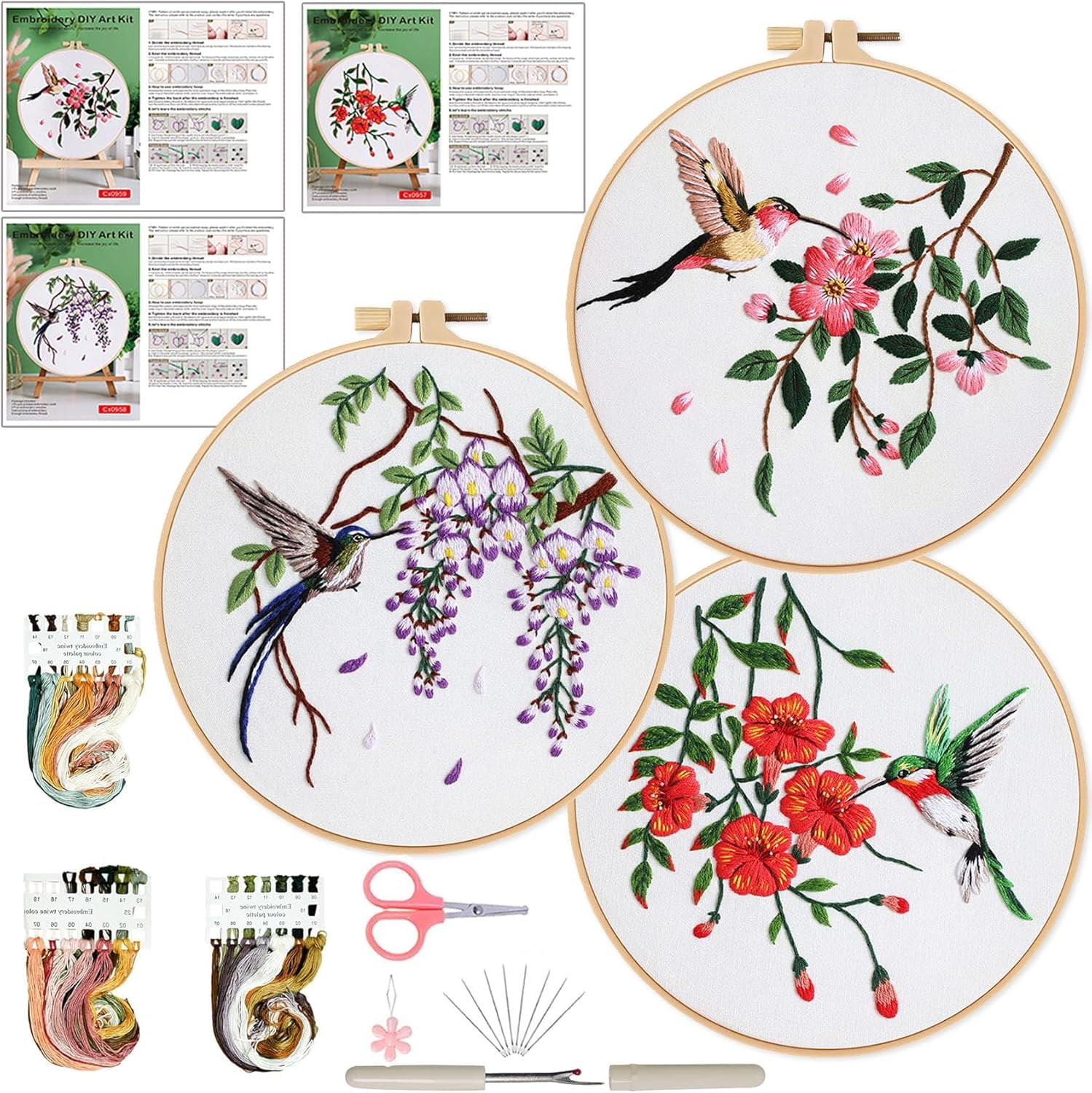 3 Pack Bird / Flower / Cat Embroidery Kits,Cross Stitch Needlepoint ...