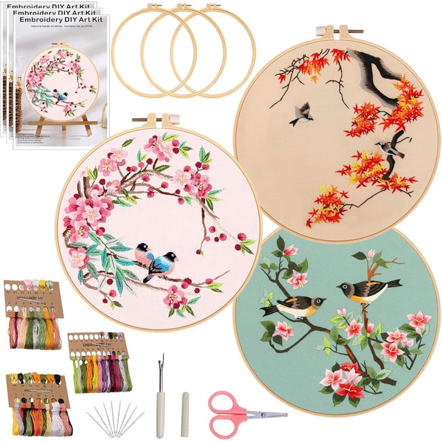 3 Pack Bird / Flower / Cat Embroidery Kits,Cross Stitch Needlepoint ...