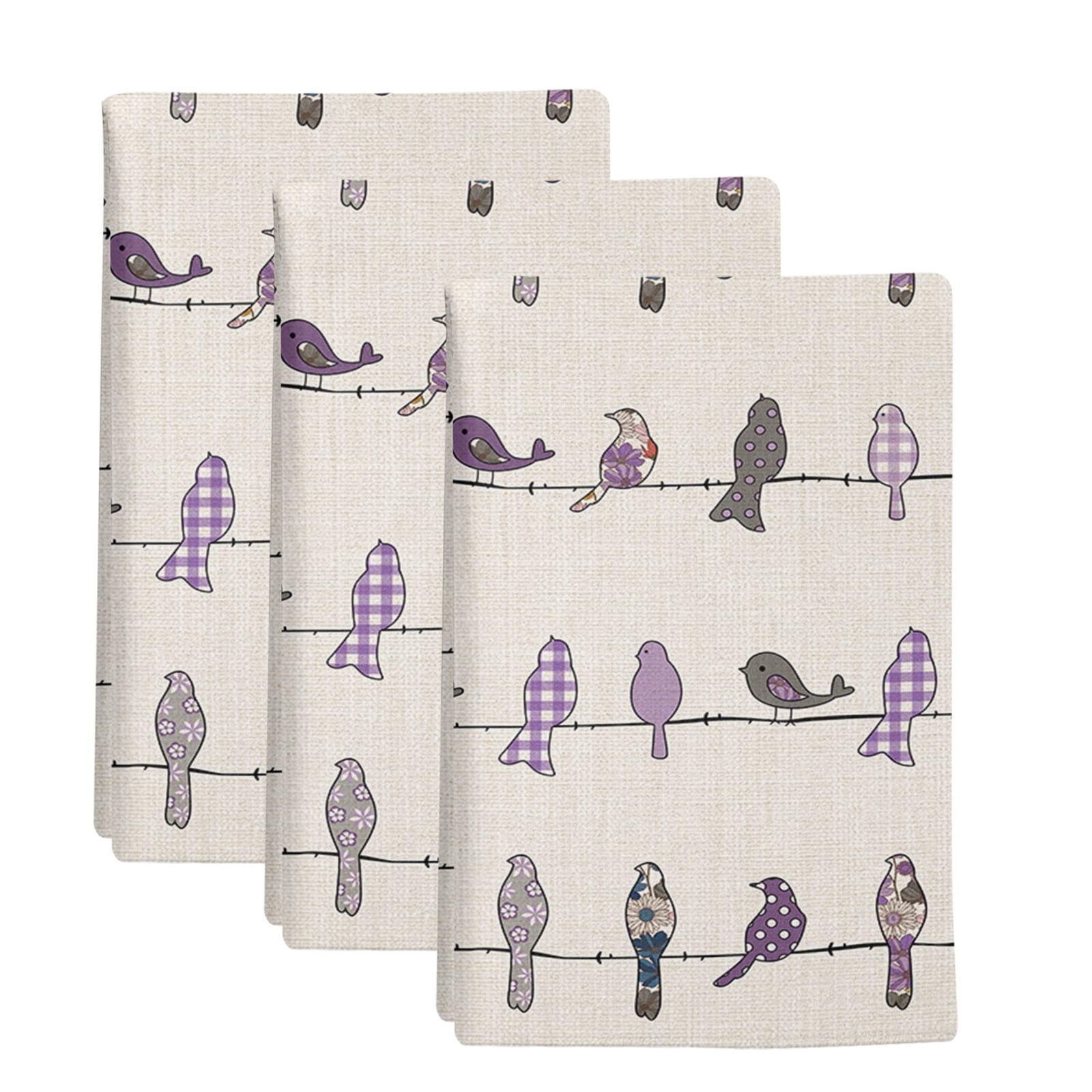 3 Pack Birds on the Wire Purple Grey Burlap Background Kitchen Towels ...
