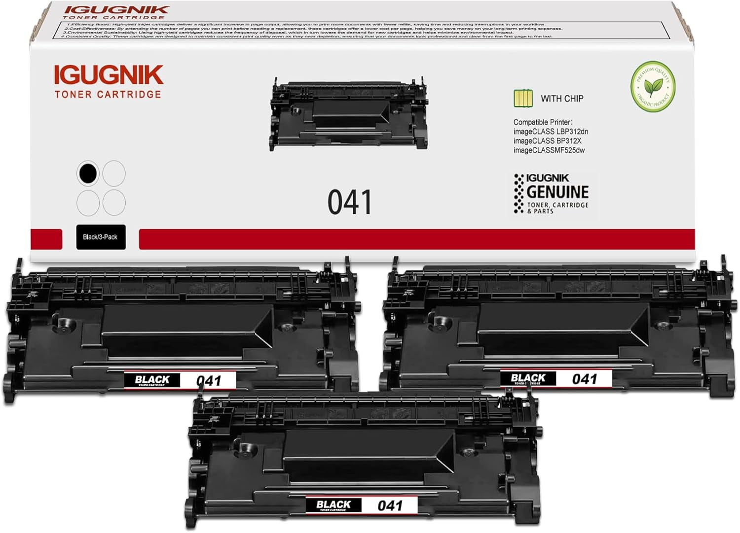 3-Pack Black 041 Toner Cartridges(with chip), Replacement for Canon 041 ...