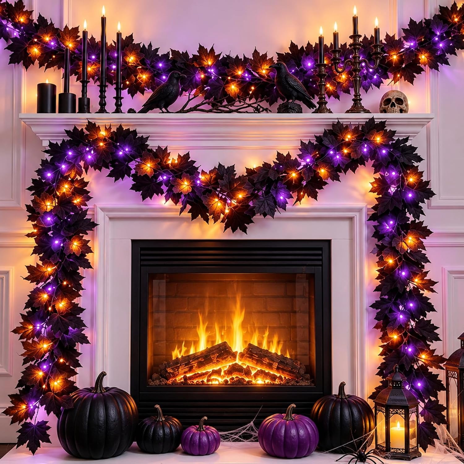 3 Pack Black Halloween Garland With Lights Built In Timer Pre Lit