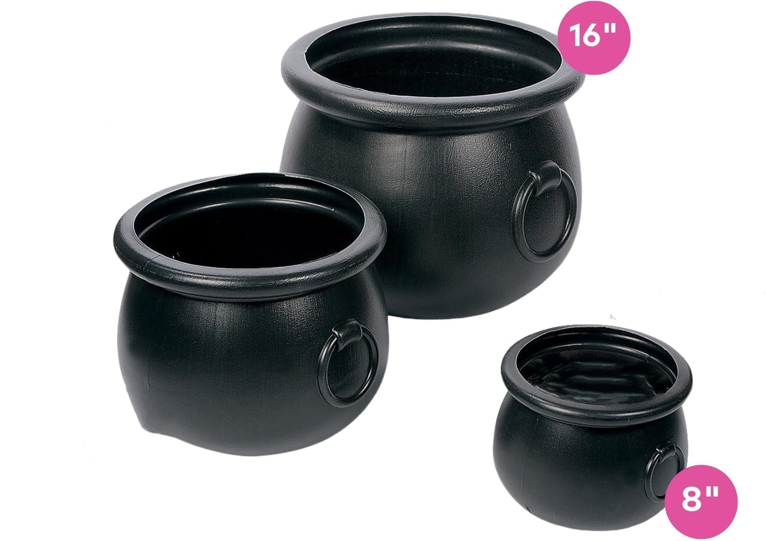 3-Pack Black Plastic Witch Cauldrons (8", 12", 16") for Halloween Decor ...
