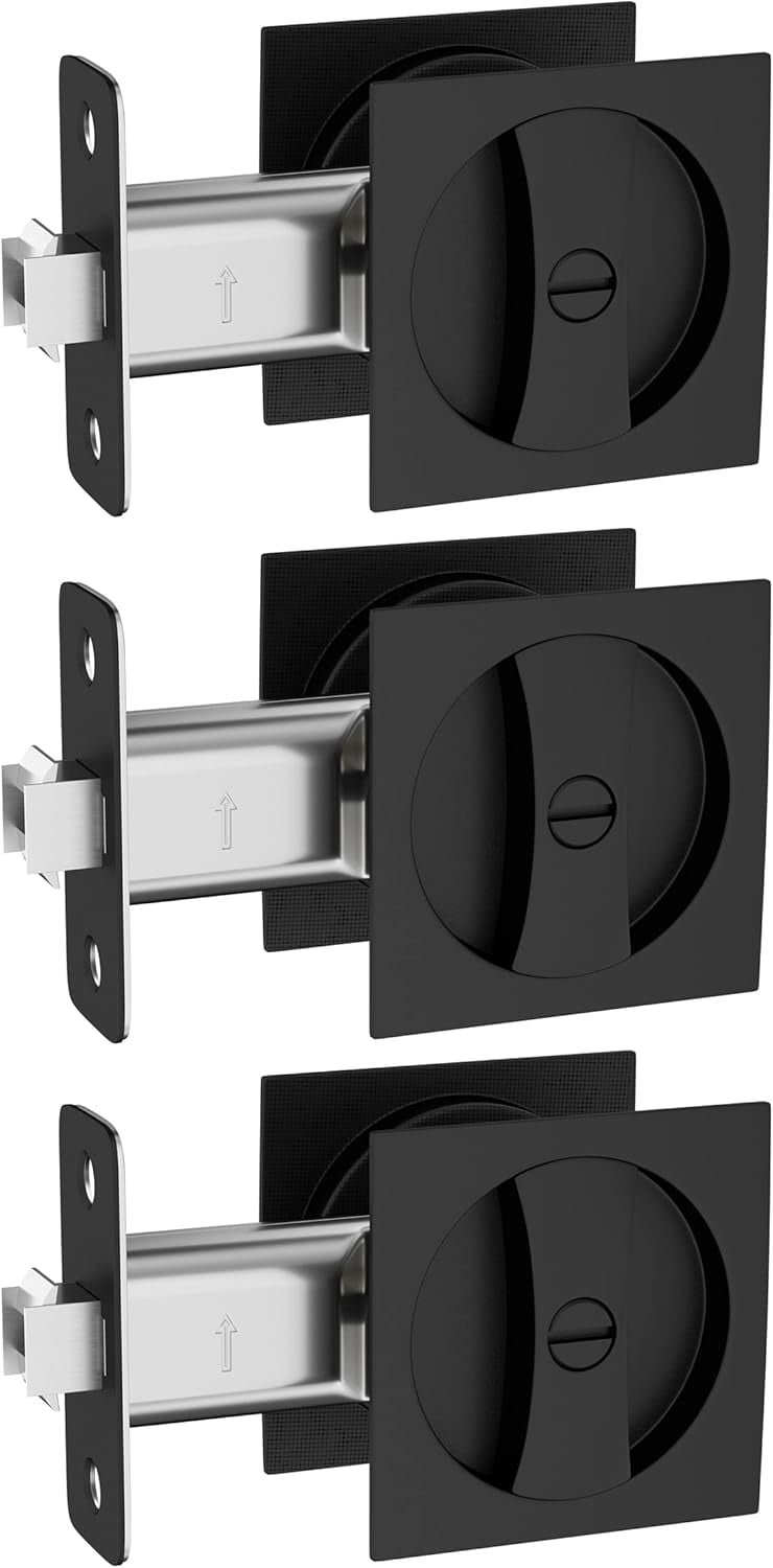 3 Pack Black Pocket Door Hardware, Pocket Door Lock Matte Black, Square ...