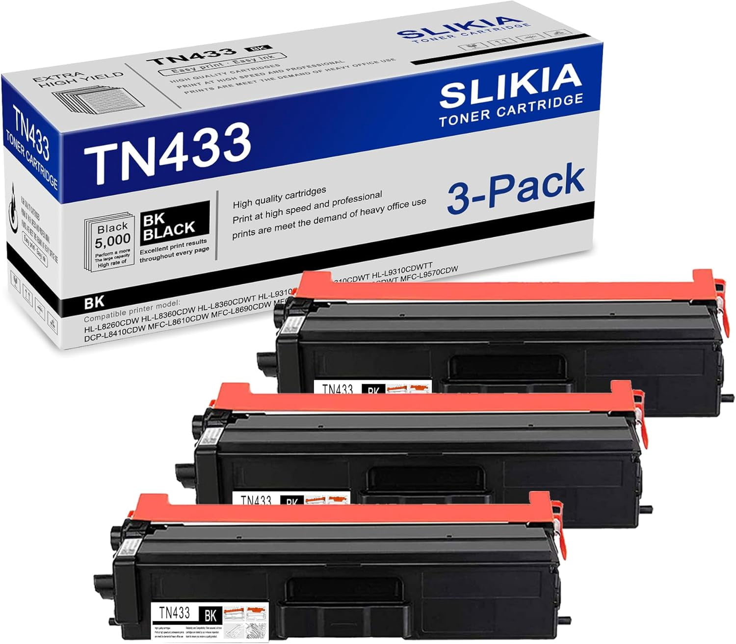 3-Pack Black TN433 Toner Cartridge: Compatible TN433 TN-433 Replacement ...