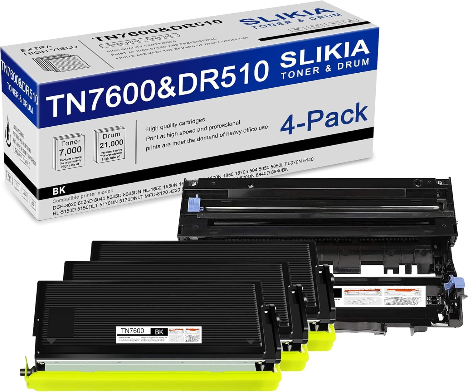 3 Pack Black TN7600 Toner Cartridge and 1 Pack Black DR510 Drum Unit ...