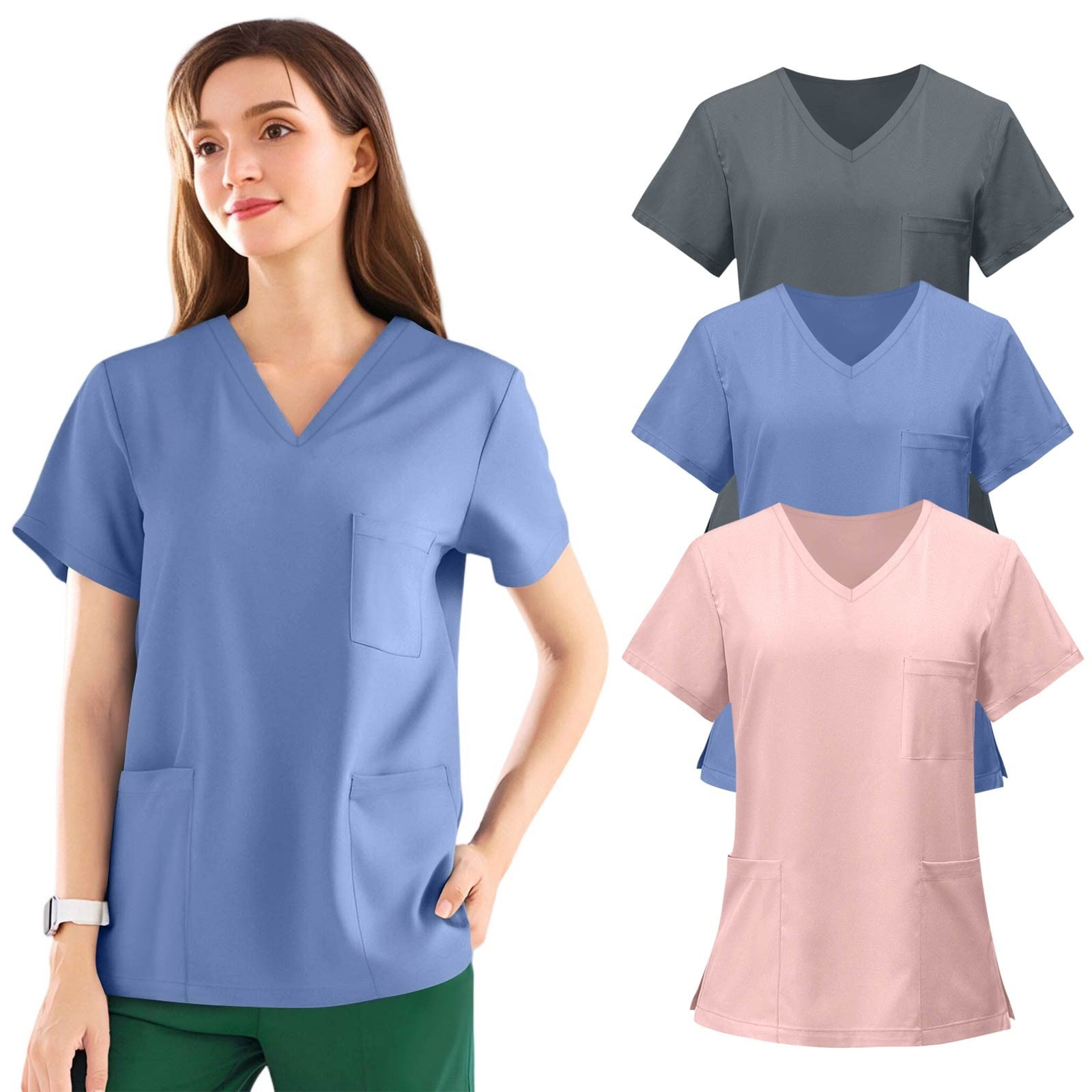 3 Pack Blue Medical Scrub Tops for Women – Soft Stretch, Curved V-Neck ...