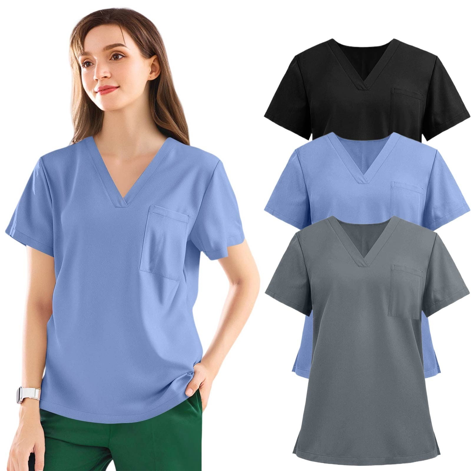 3 Pack Blue Women's Soft V-Neck Medical Scrubs – Stretchy Fabric & 3 ...
