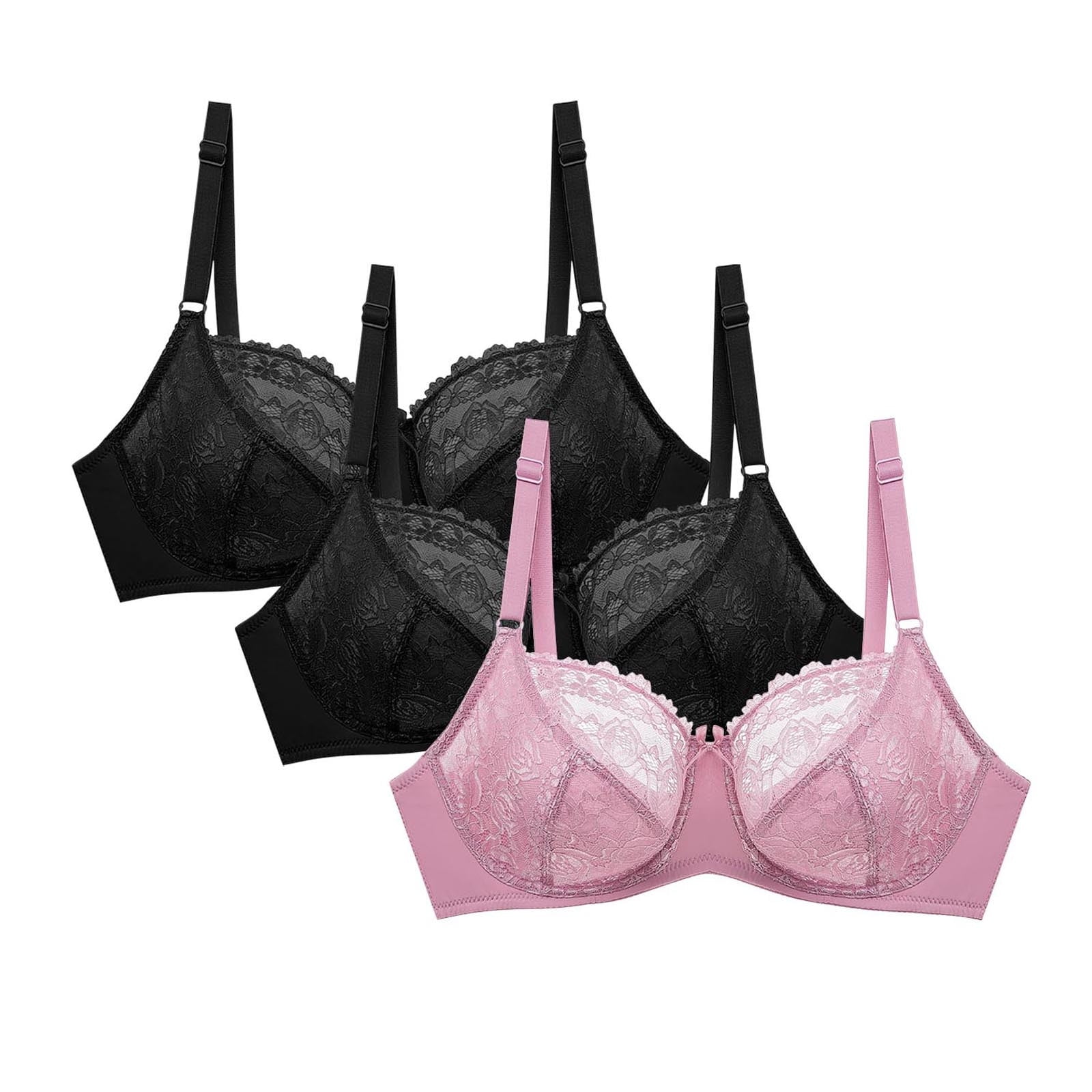 3 Pack Bras Womens Underwire Floral Lace Push Up Bra Adjustable Strap ...
