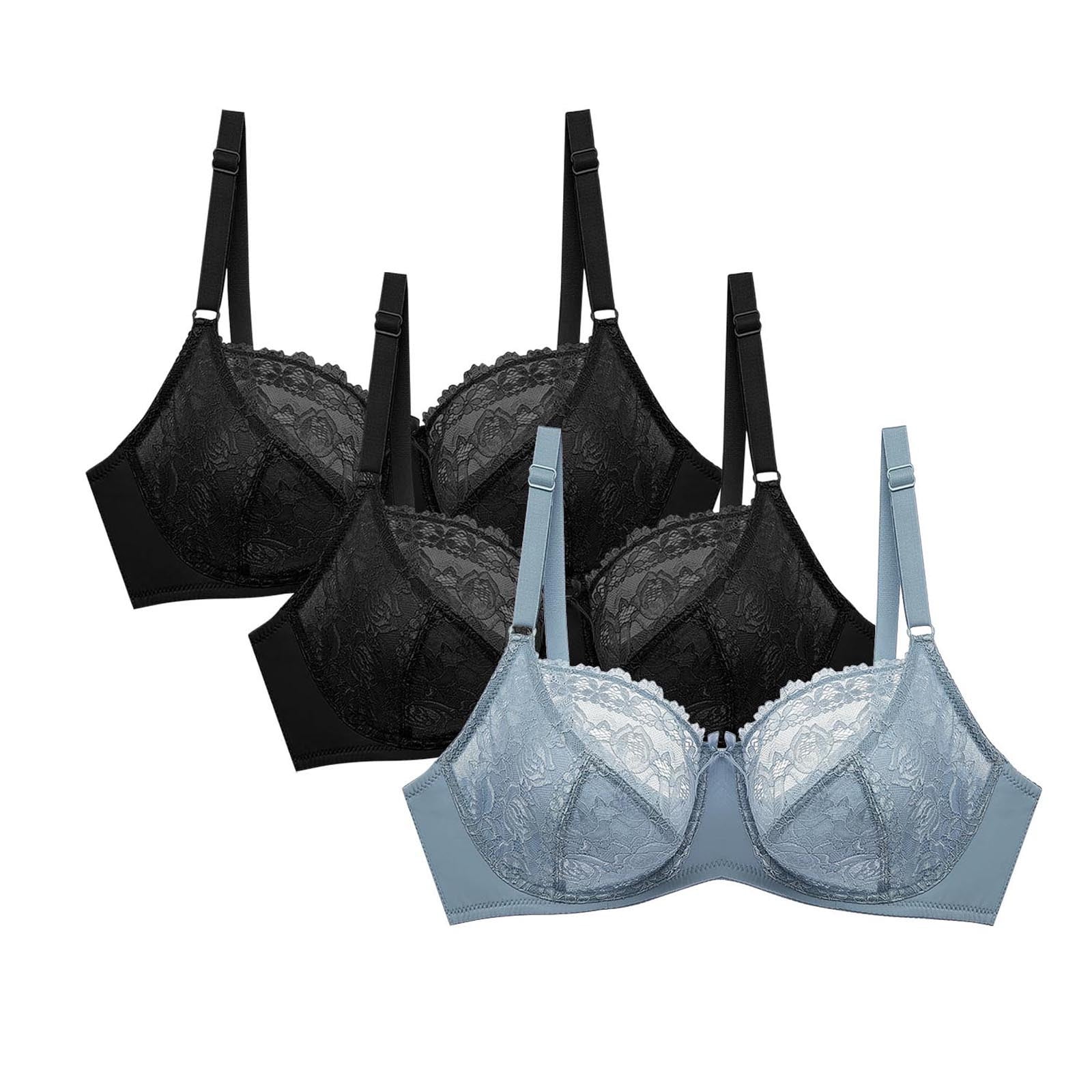 3 Pack Bras Womens Underwire Floral Lace Push Up Bra Adjustable Strap ...
