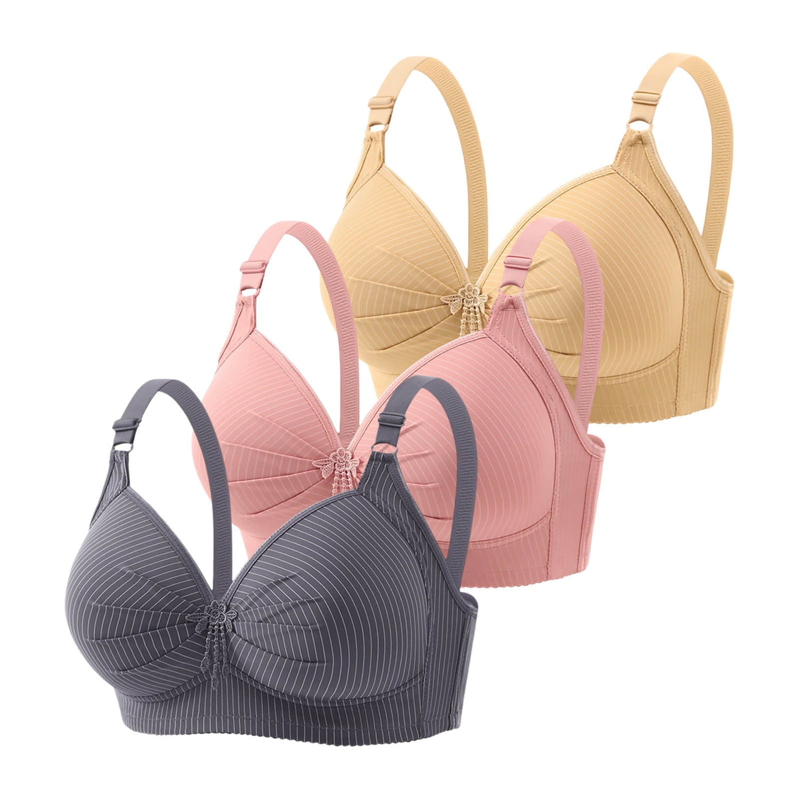 3 Pack Bras for Women No Underwire Strips Print Push Up Bra Plus Size Support Bra with Flower ...