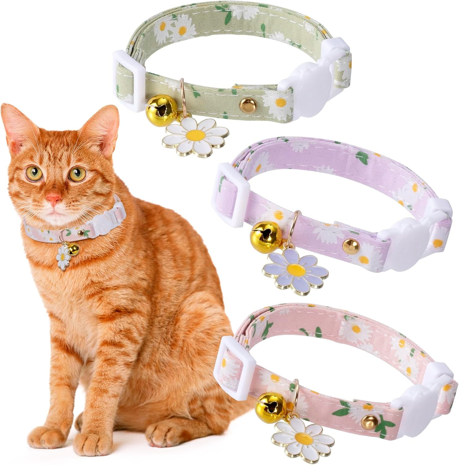 3 Pack Breakaway Cat Collars with Bell, Cute Flower Kitten Collar ...