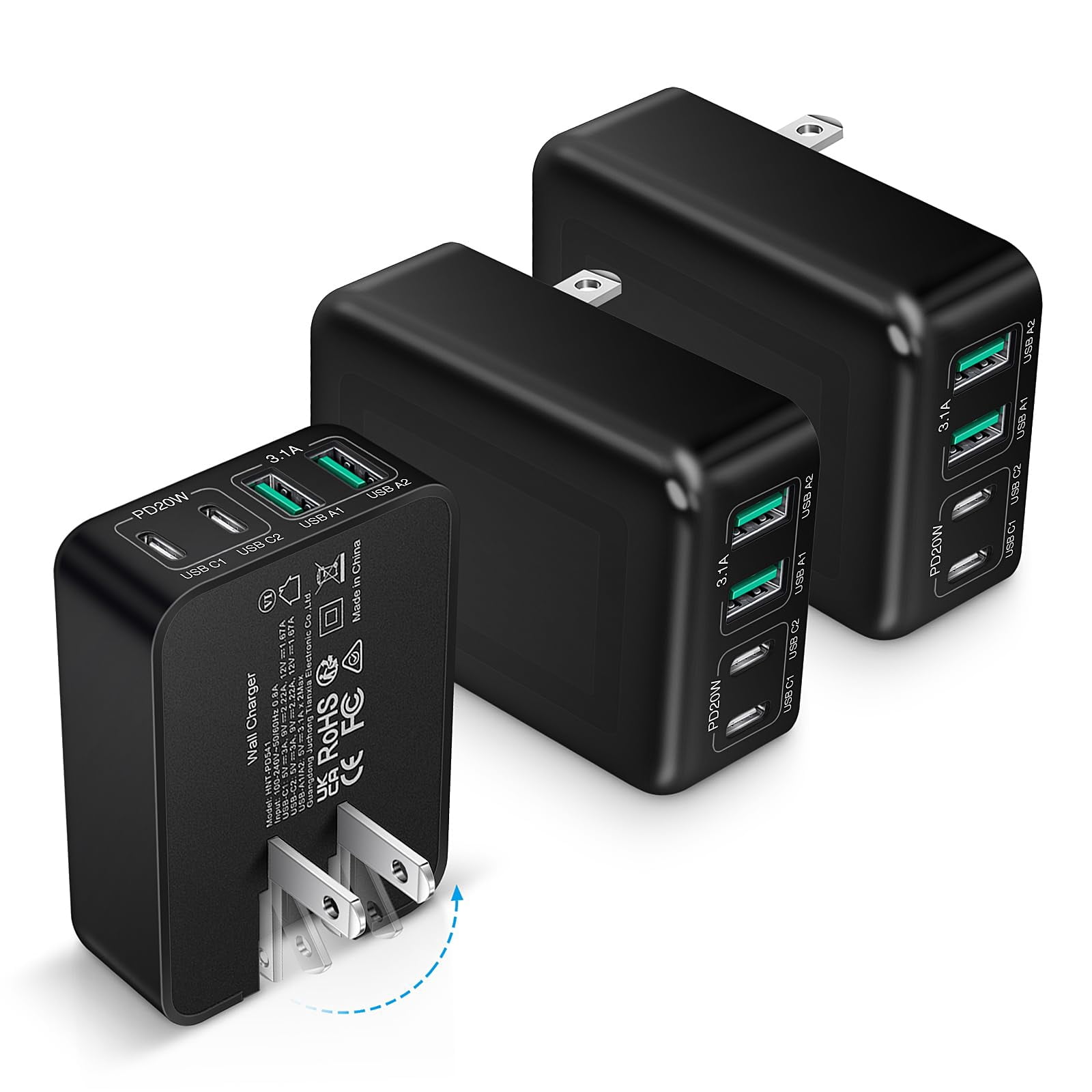 3-Pack C Fast Charger Block, 40W H2FSD4-Port C Wall Charger Type C ...