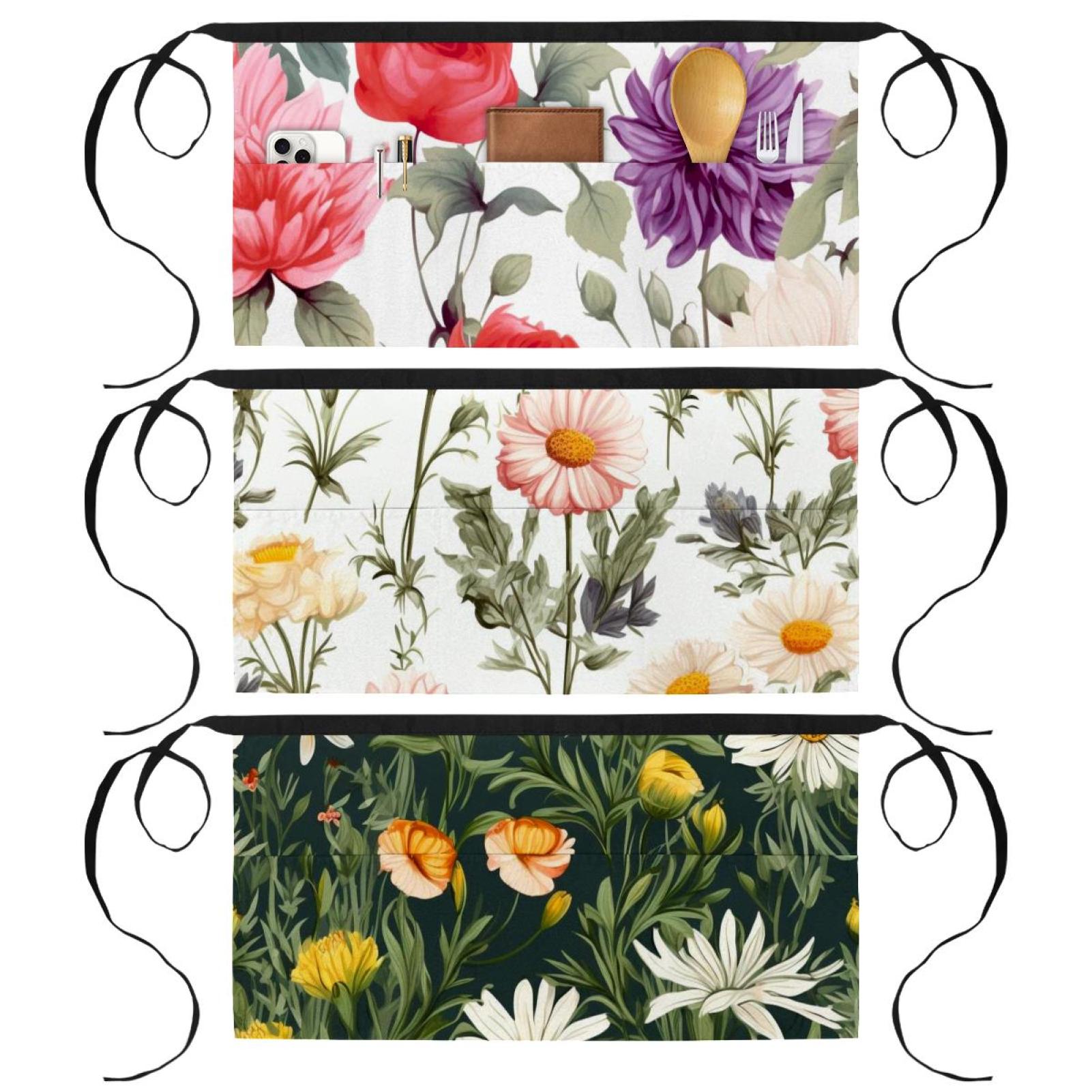 3 Pack Canvas Waist Apron with Beautiful Floral, Kitchen Restaurant and ...