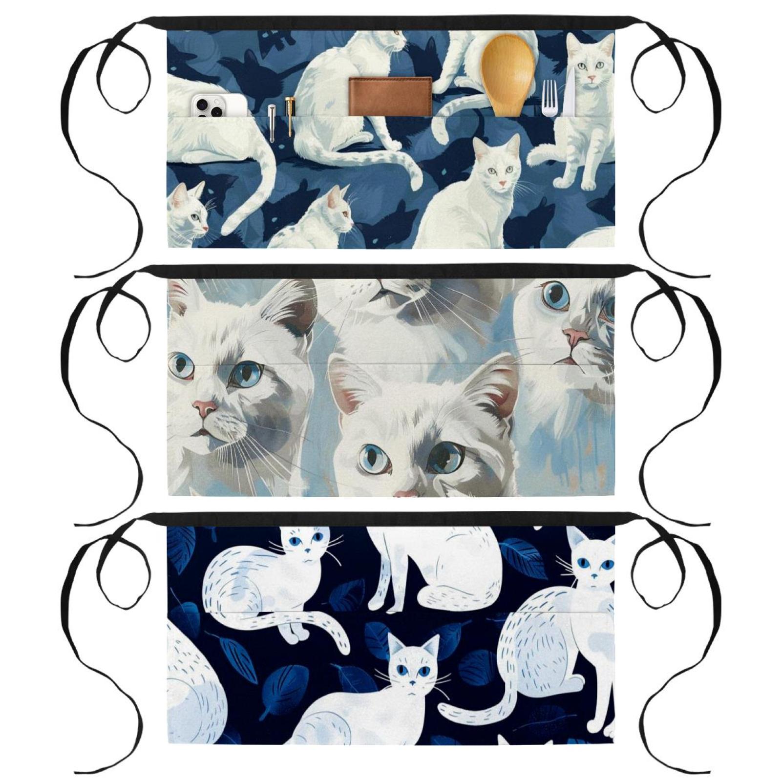 3 Pack Canvas Waist Apron with White Cat Pattern, Kitchen Restaurant ...