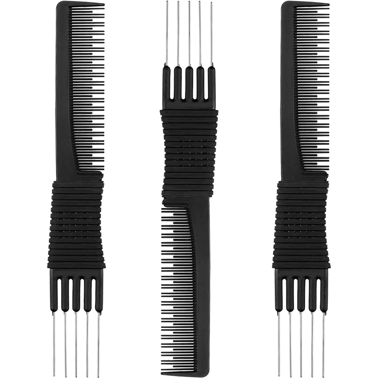 3 Pack Carbon Lift Teasing Combs with Metal Prong, Hair Pick Comb for ...