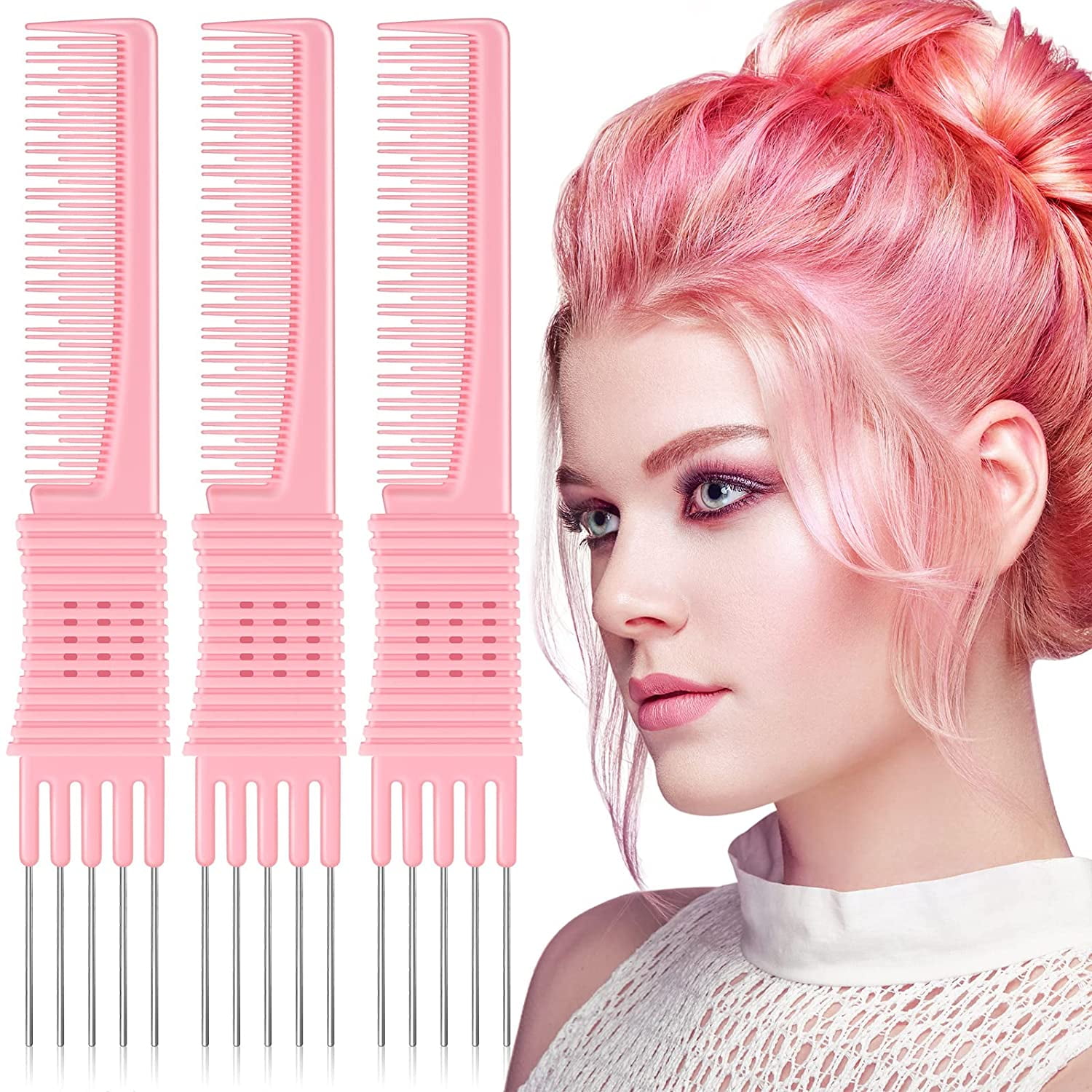 3 Pack Carbon Lift Teasing Combs with Metal Prong, Hair Pick Comb for ...