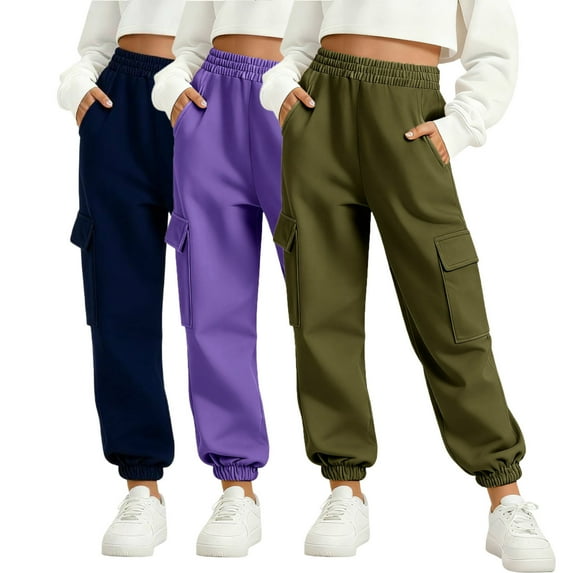 3 Pack Cargo Pants For Kids Elastic Waist Solid Color Multi Pockets ...