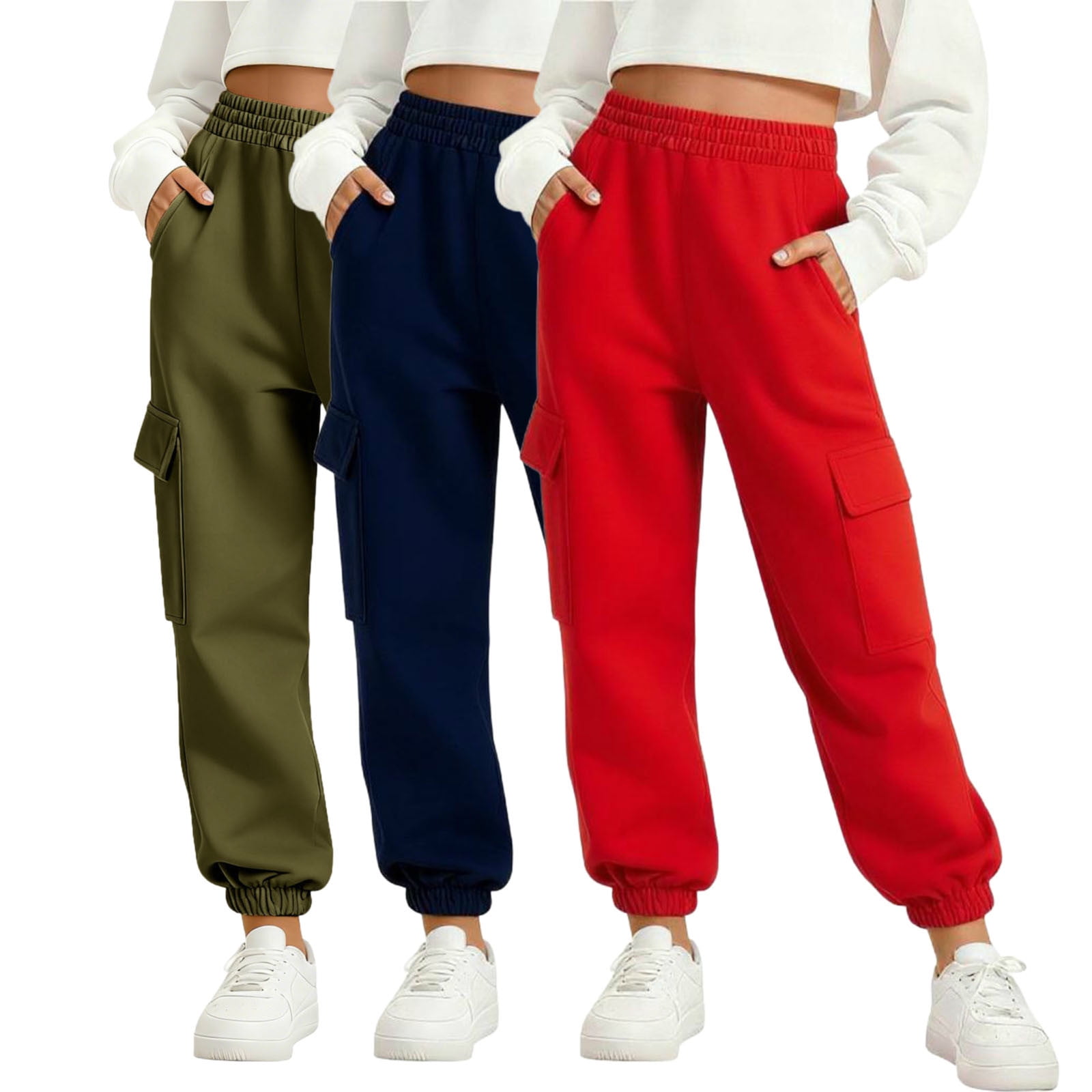 3 Pack Cargo Pants For Kids Elastic Waist Solid Color Multi Pockets ...