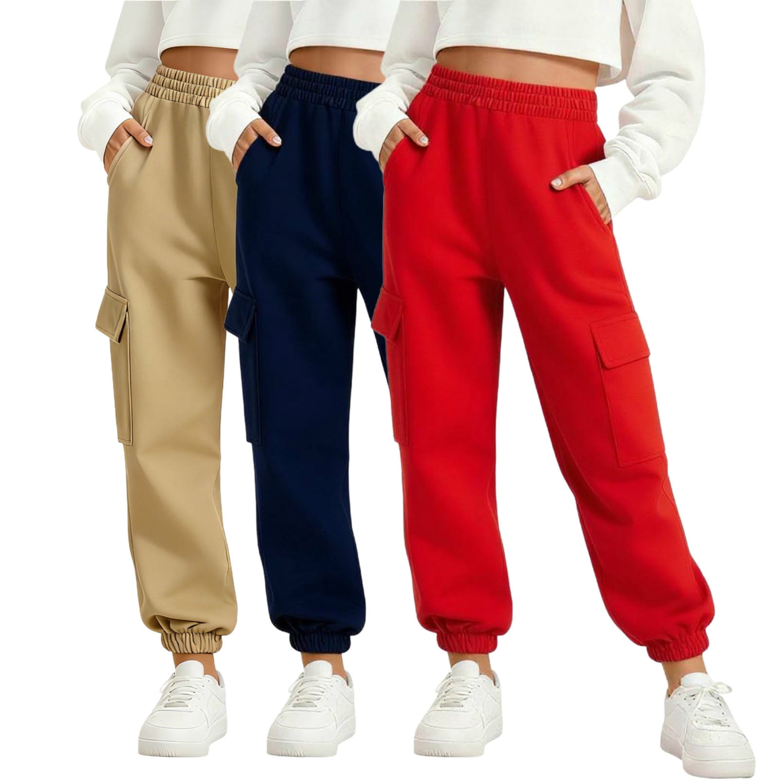 3 Pack Cargo Pants For Kids Elastic Waist Solid Color Multi Pockets ...