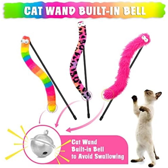 3 Pack Cat Wand Toy, Rainbow Cat Feather Toys with Bells, Teaser Wand ...