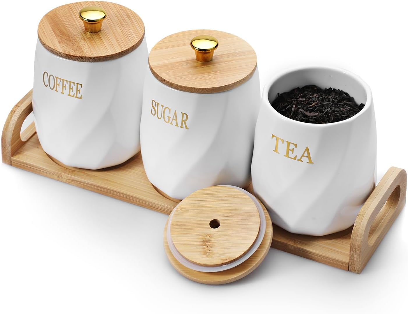 3 Pack Ceramic Canister Set with Bamboo Lids and Handle Tray, Coffee ...
