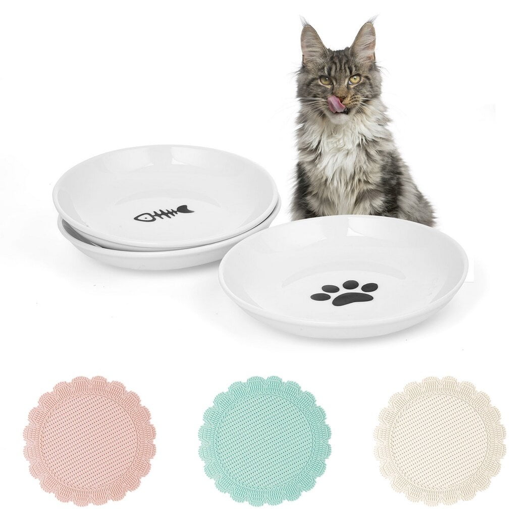 3 Pack Ceramic Cat Bowls Set, Shallow Plates, Prevents Whisker Fatigue ...