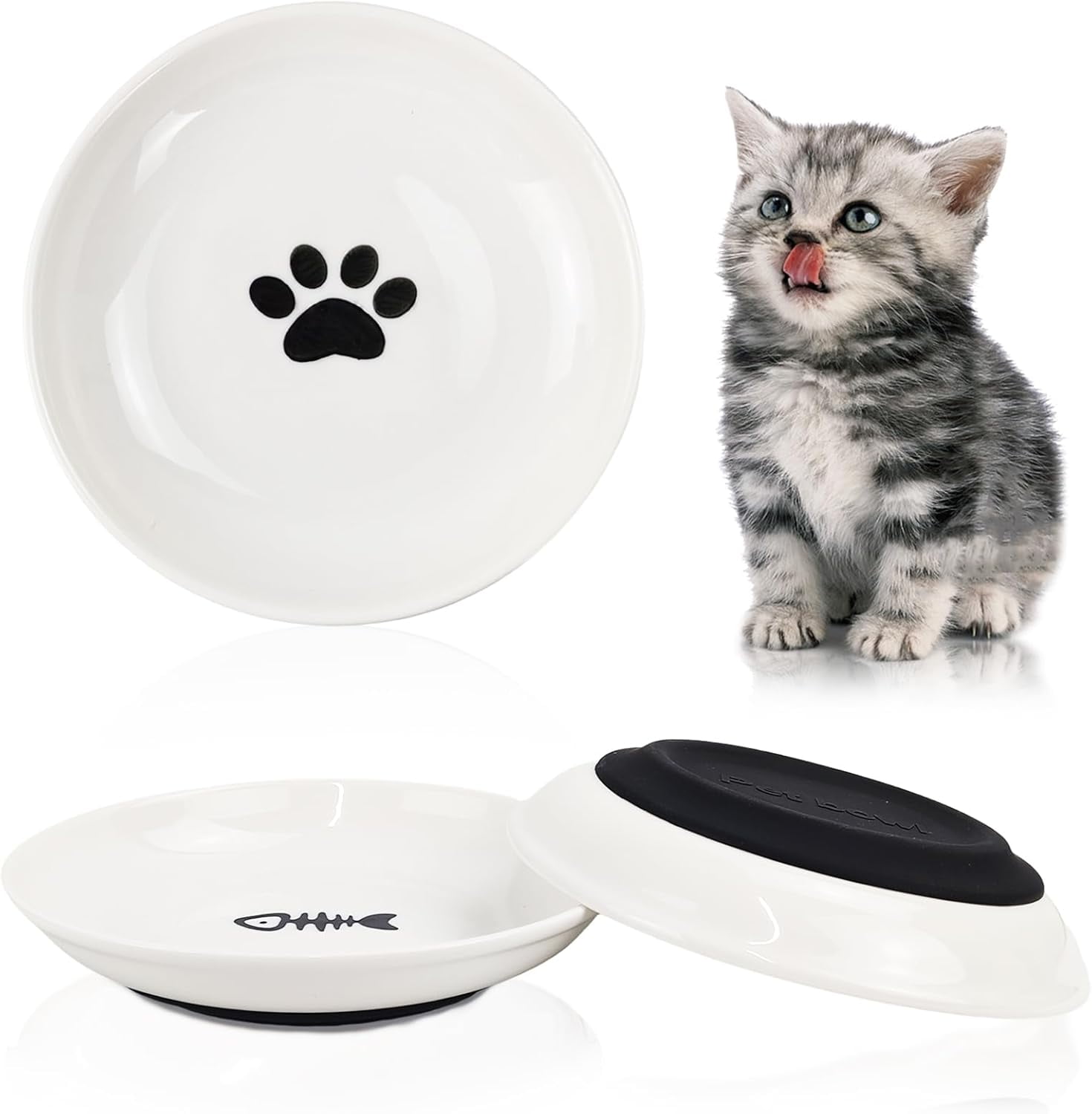 3-Pack Ceramic Cat Food Bowls, Wide Shallow Dish & Anti-Whisker Fatigue ...