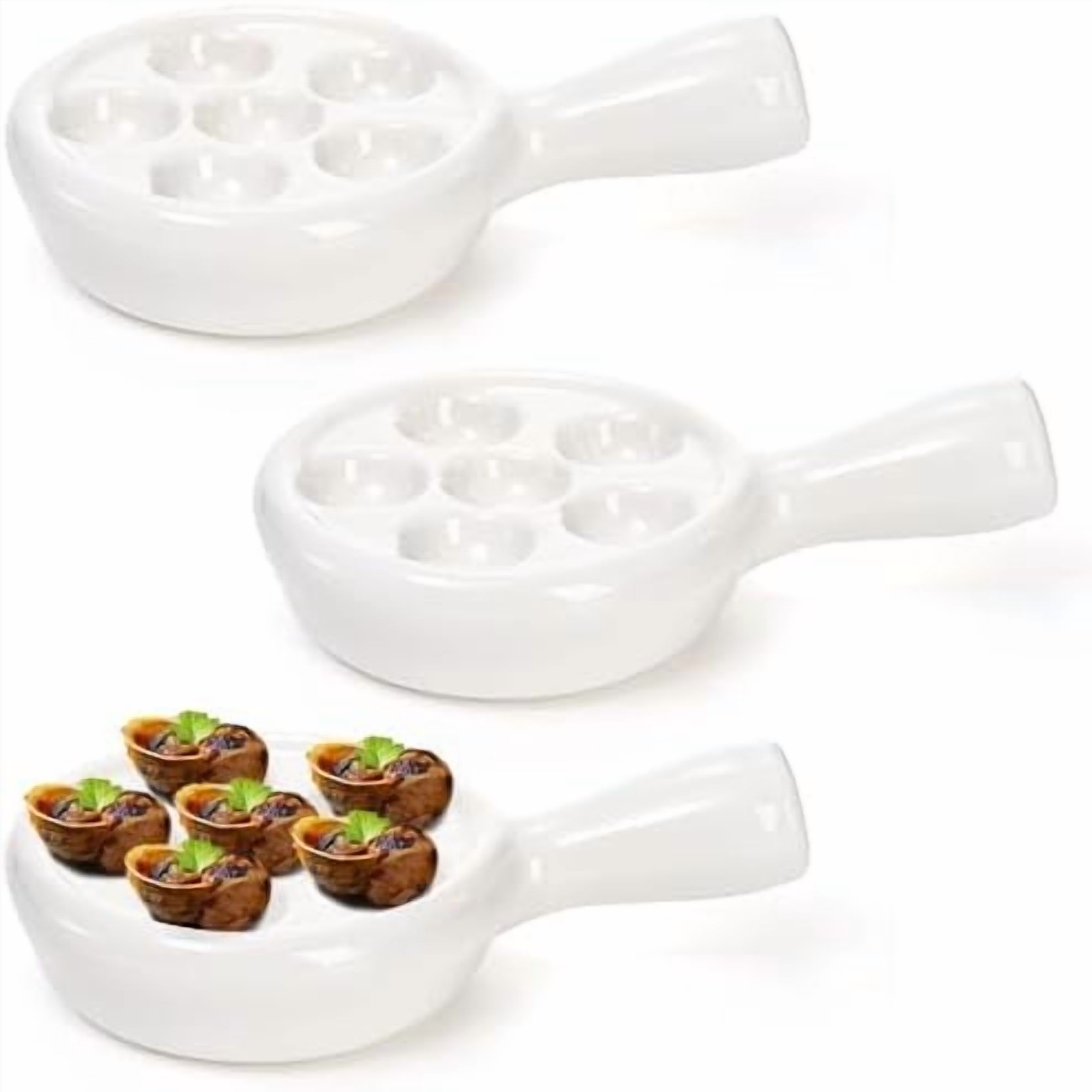 3 Pack Ceramic Escargot Plate With 6 Holes and Handle, 4.8 Inch White ...