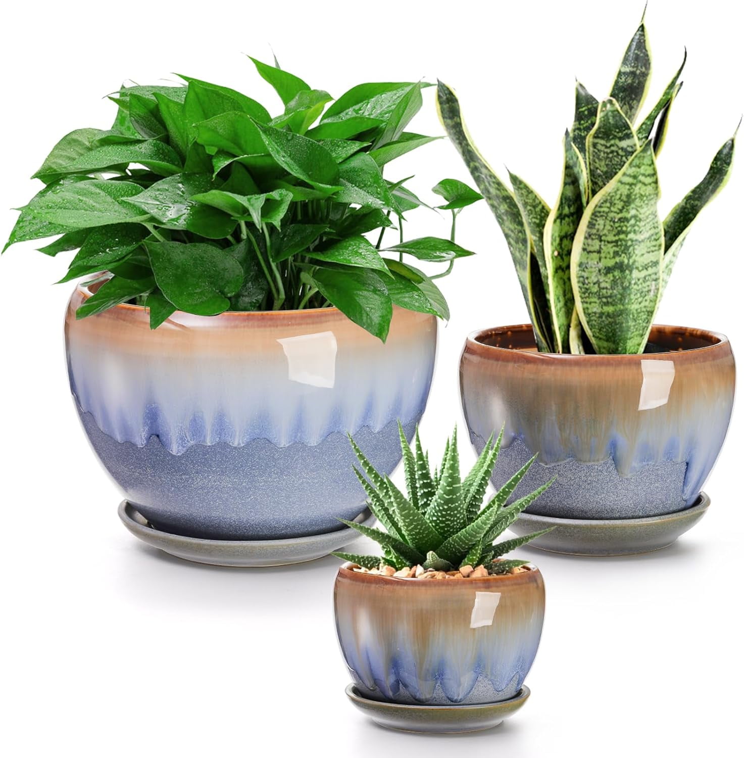 3 Pack Ceramic Plant Pots, Gardening Drip Glazed Planters, Decorative ...