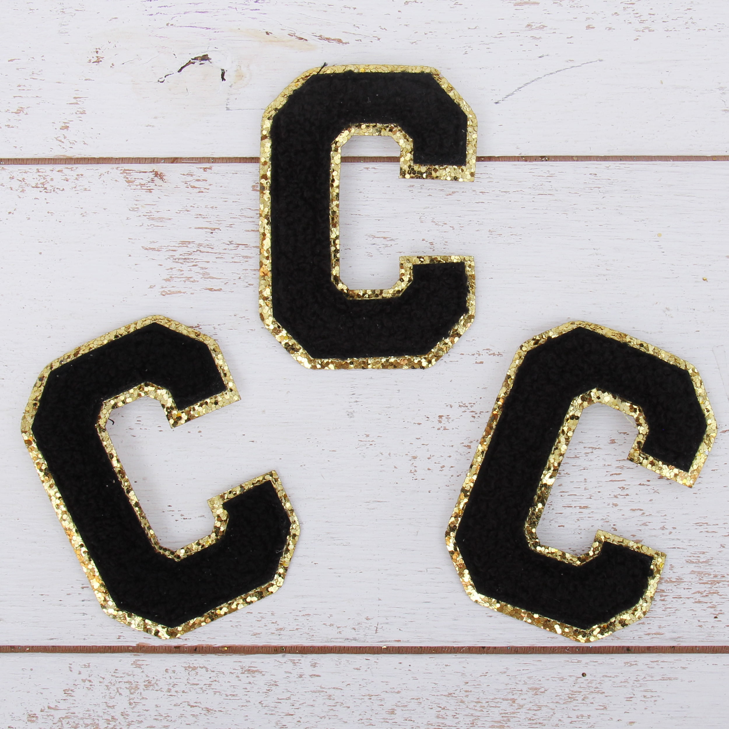 3 Pack Chenille Iron On Glitter Varsity Letter "C" Patches - Black ...