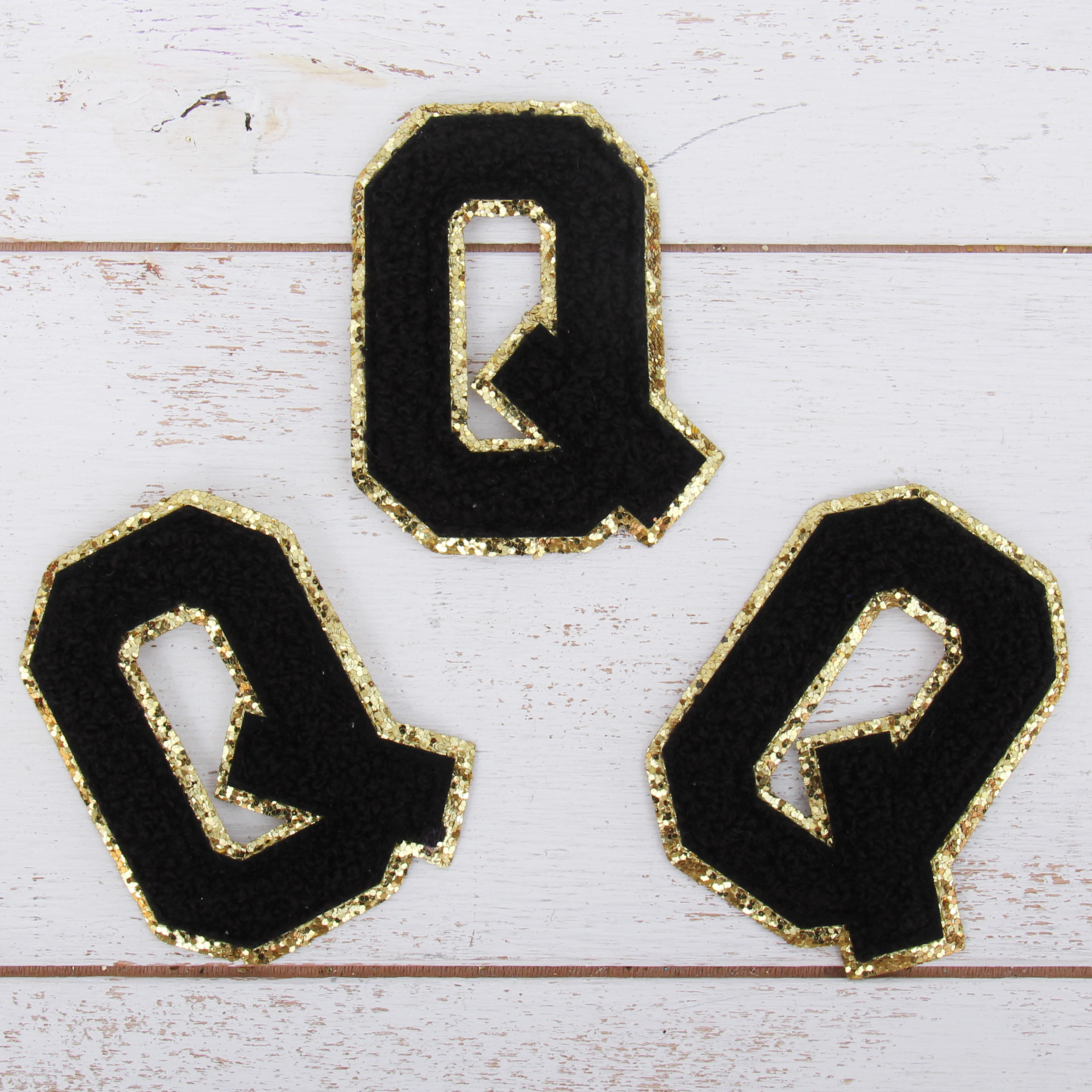 3 Pack Chenille Iron On Glitter Varsity Letter "Q" Patches - Black Chenille Fabric With Gold ...