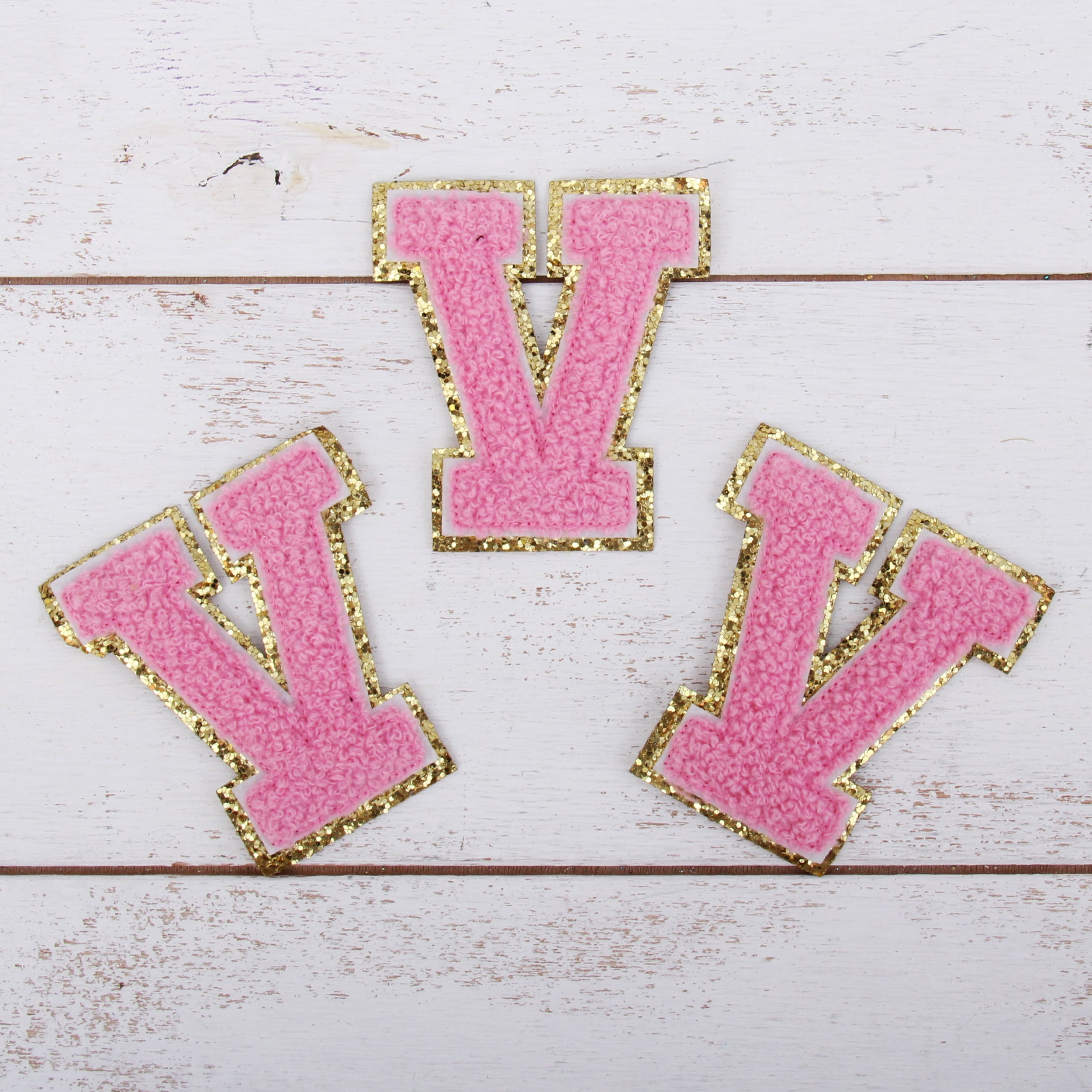 3 Pack Chenille Iron On Glitter Varsity Letter "V" Patches - Pink ...