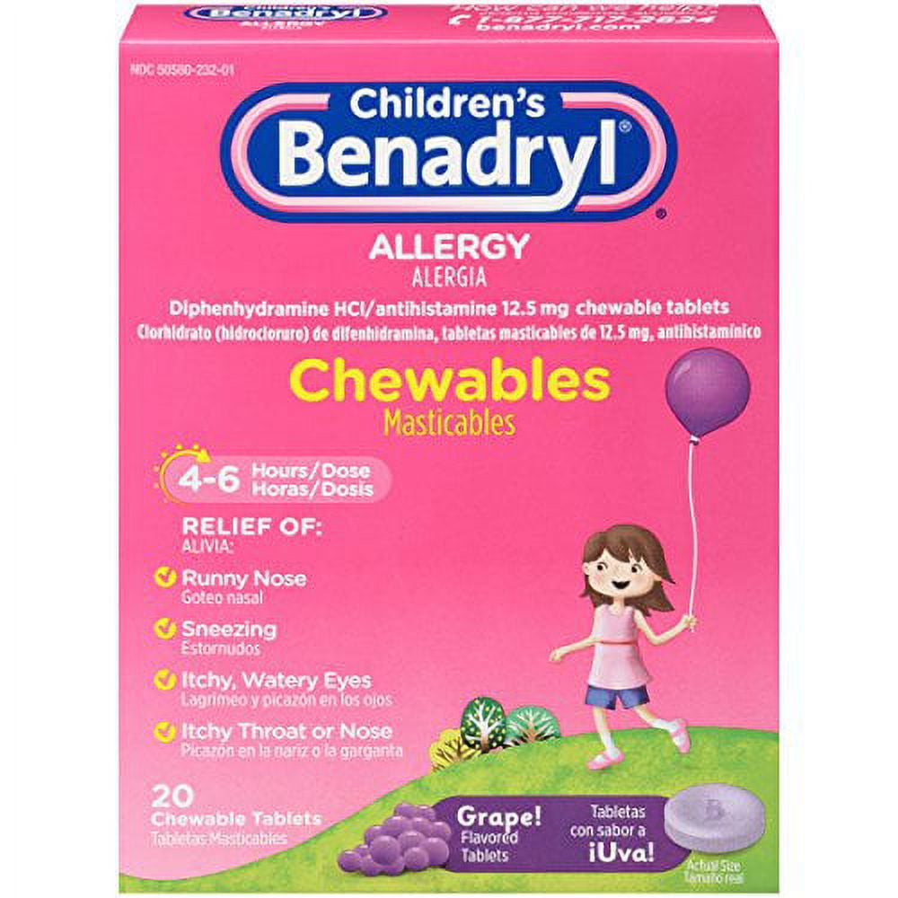 3 Pack Childrens Benadryl Allergy Chewables Grape 20 Tablets Each ...
