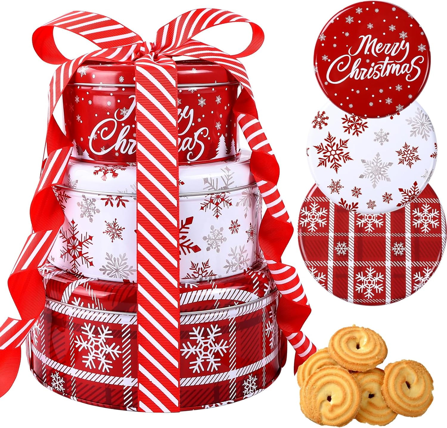 3 Pack Christmas Cookie Tins with Lids Round Christmas Tin Containers ...