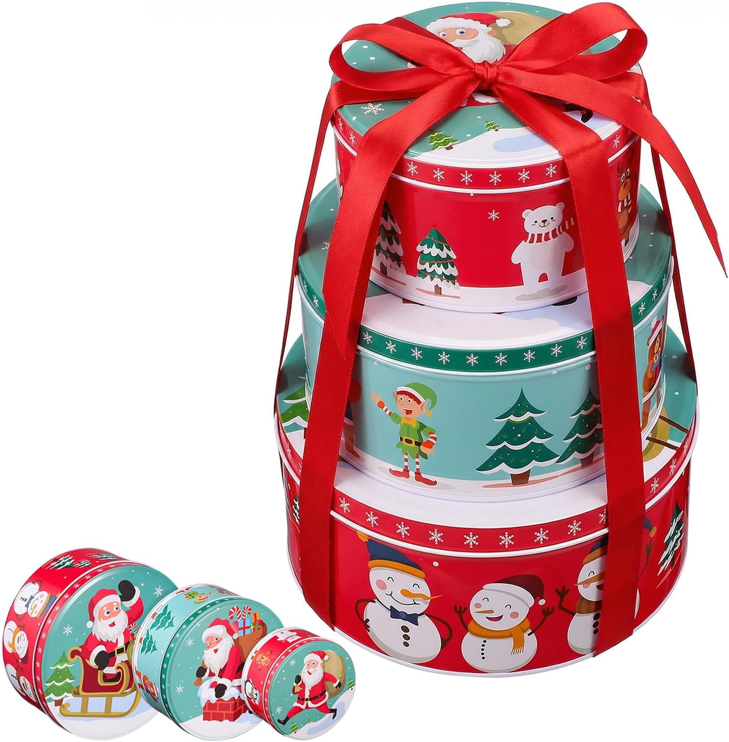 3 Pack Christmas Cookie Tins with Lids, Round Metal Holiday Containers ...