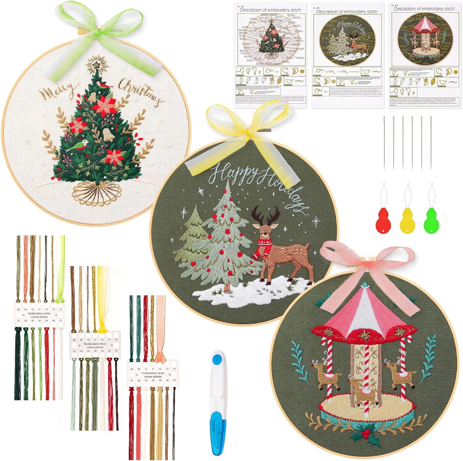 3 Pack Christmas Embroidery Kit for Beginners, Sewing Cross Stitch ...