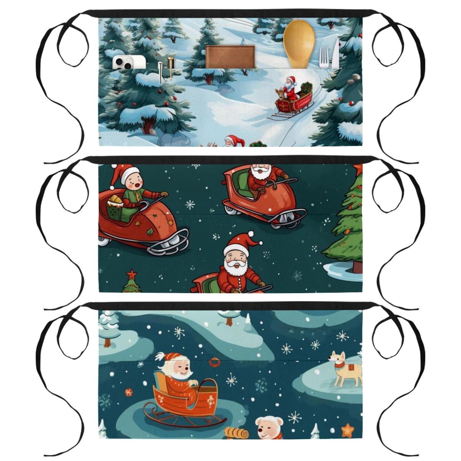 3 Pack Christmas Sleigh Server Aprons with 3 Pockets - Unisex Short/Half Waiter Waist Short ...