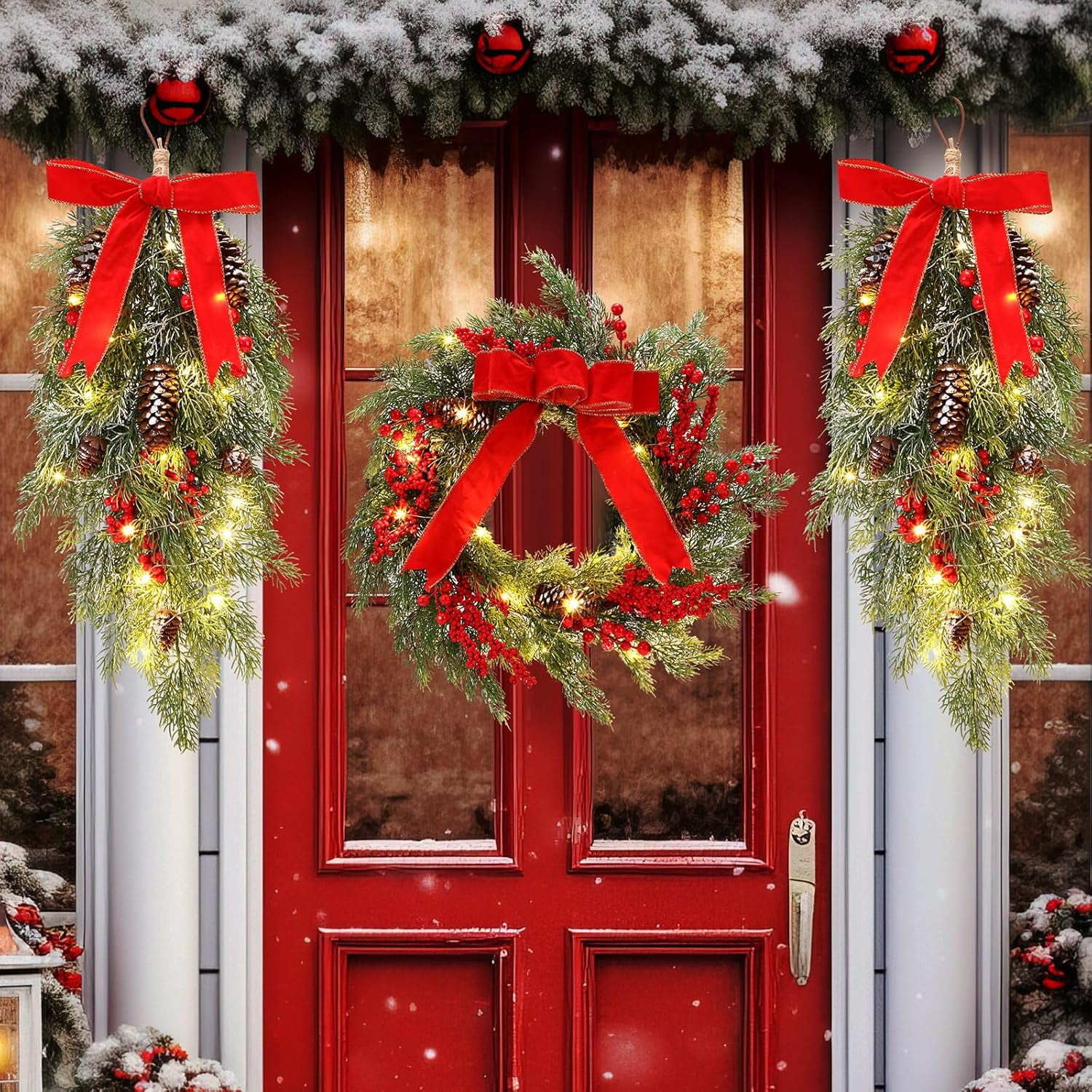 3 Pack Christmas Wreath and Swag with Lights 24" Artificial Christmas ...