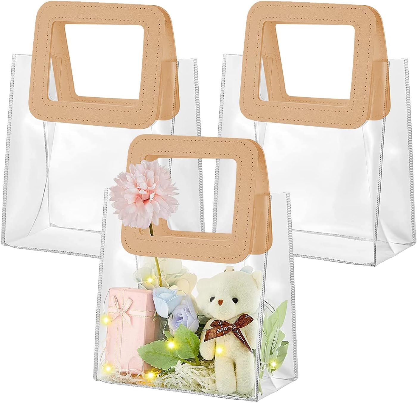 3 Pack Clear Gift Bags with Handles 7 x 8 x 4 inch Transparent Gift Bag ...