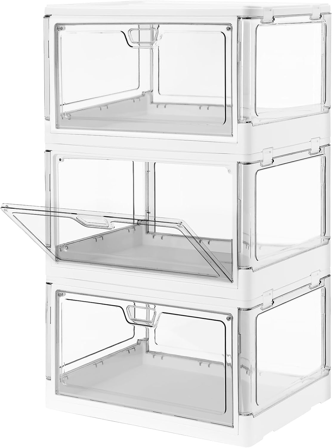 3-Pack Clear Stackable Storage Bins with Lids Magnetic Doors Open Front ...