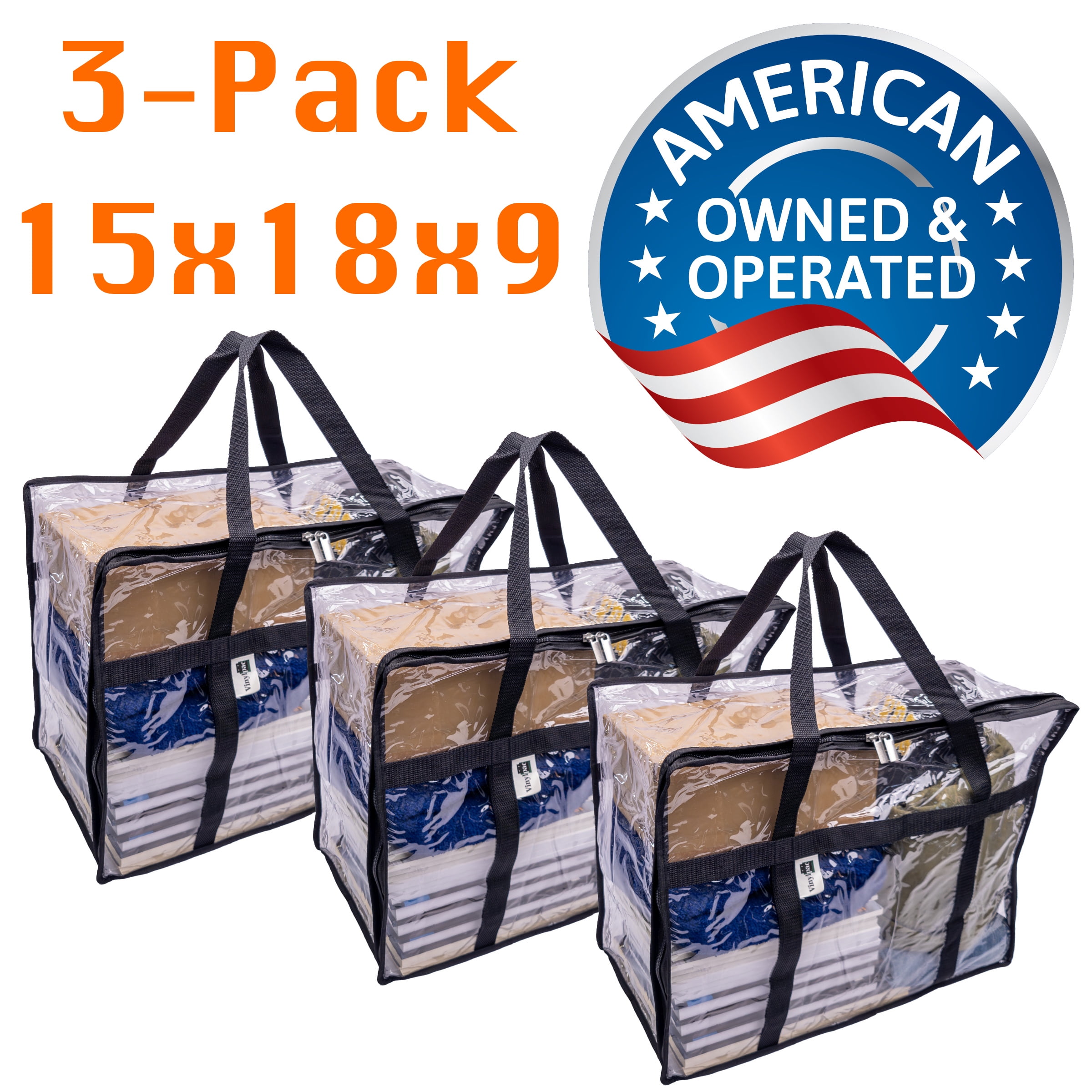 3 Pack Clear Vinyl Moving Bags 15 x 18 x 9" with Heavy Duty Dual Zipper ...