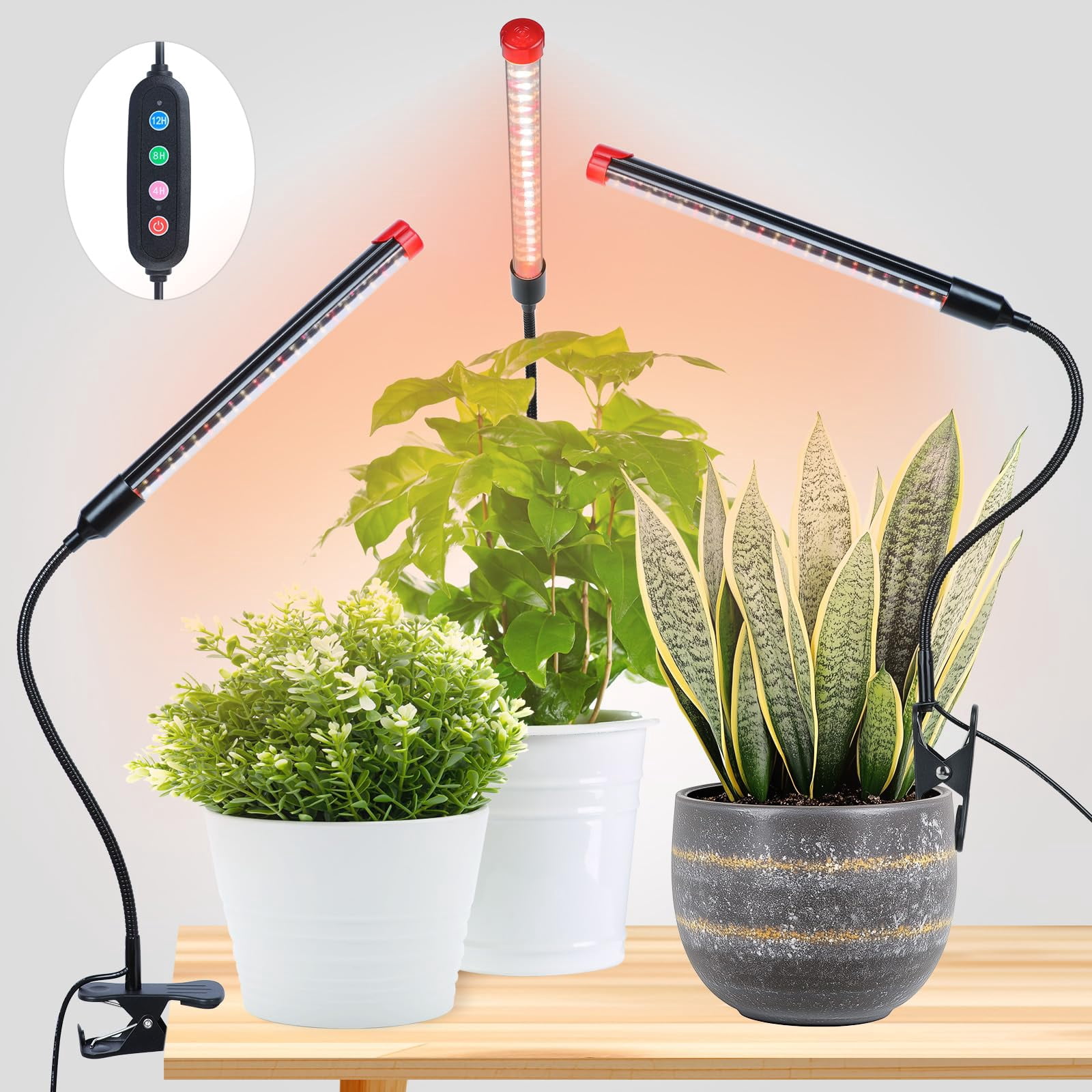 3-Pack Clip Grow Lights for Indoor Plants with Timer 4,8,12 Hr, 9W ...
