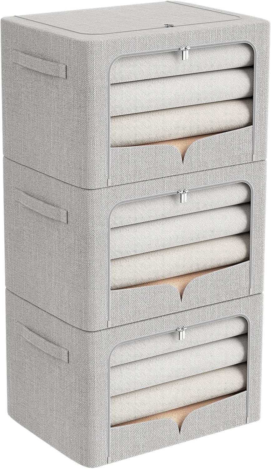 3-Pack Clothes Storage Bins with Foldable Metal Frame, Stackable Linen ...