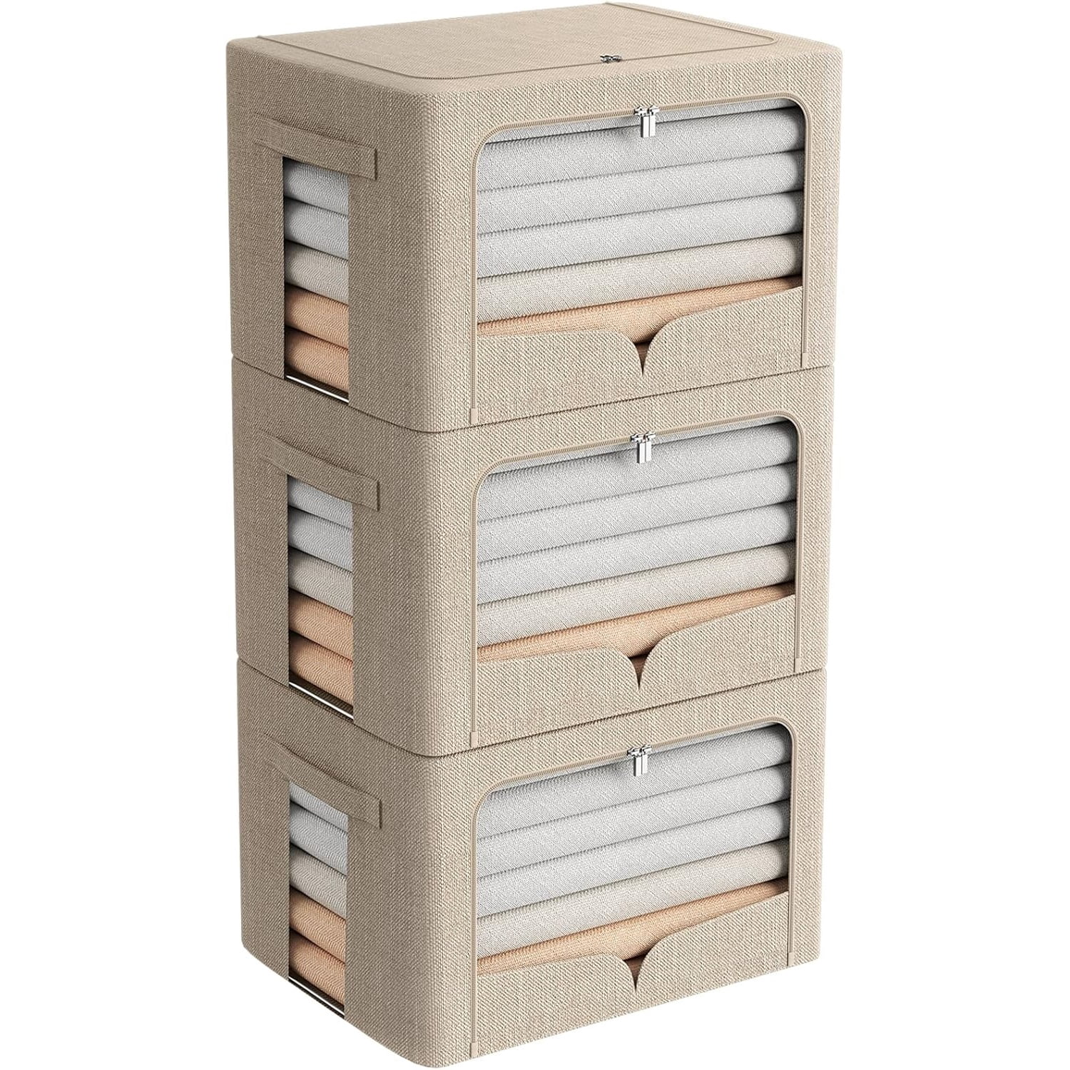 3 Pack Clothes Storage Bins Foldable Metal Frame Storage Box Stackable ...