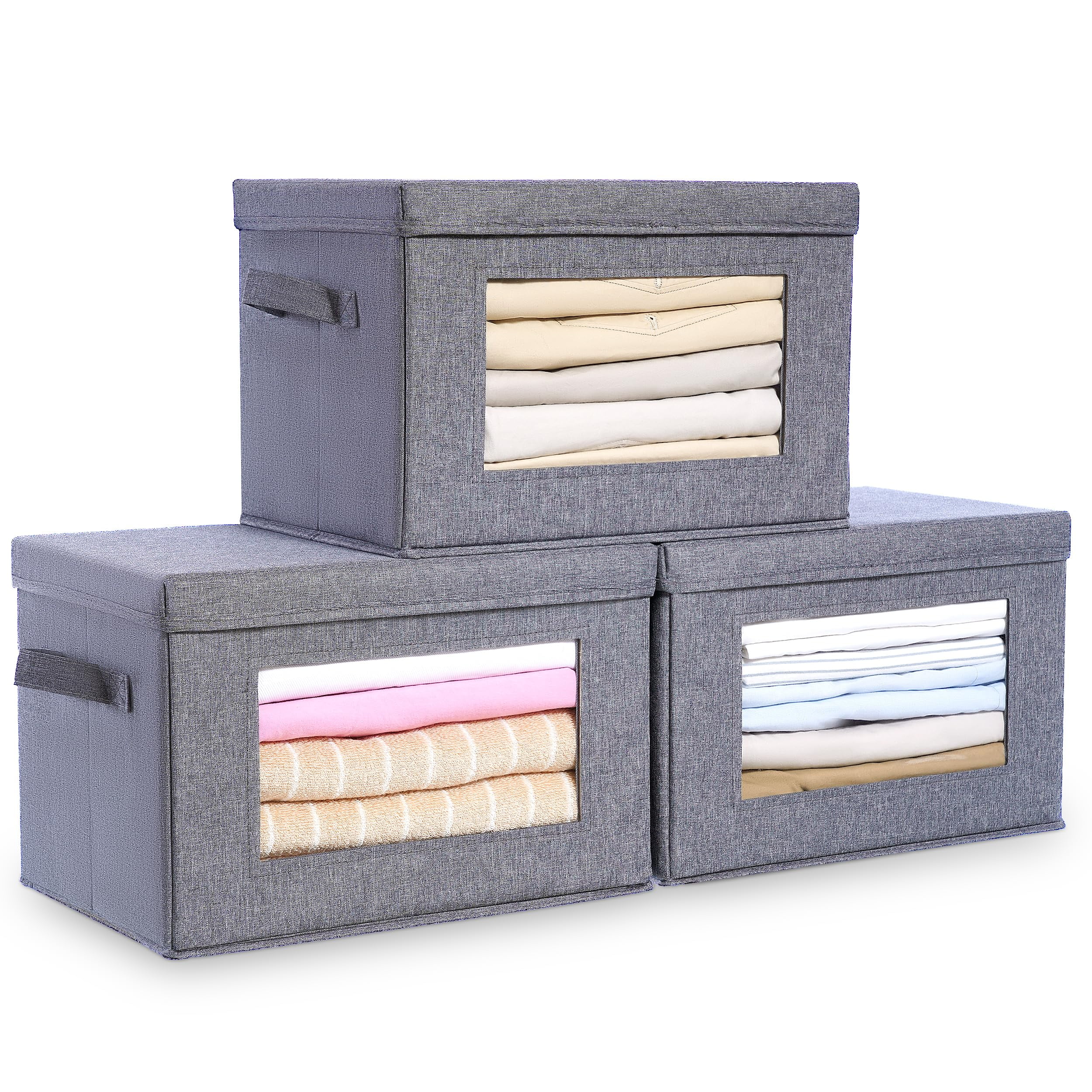 3-Pack Collapsible Storage Bins with Lids, Foldable Linen Fabric ...