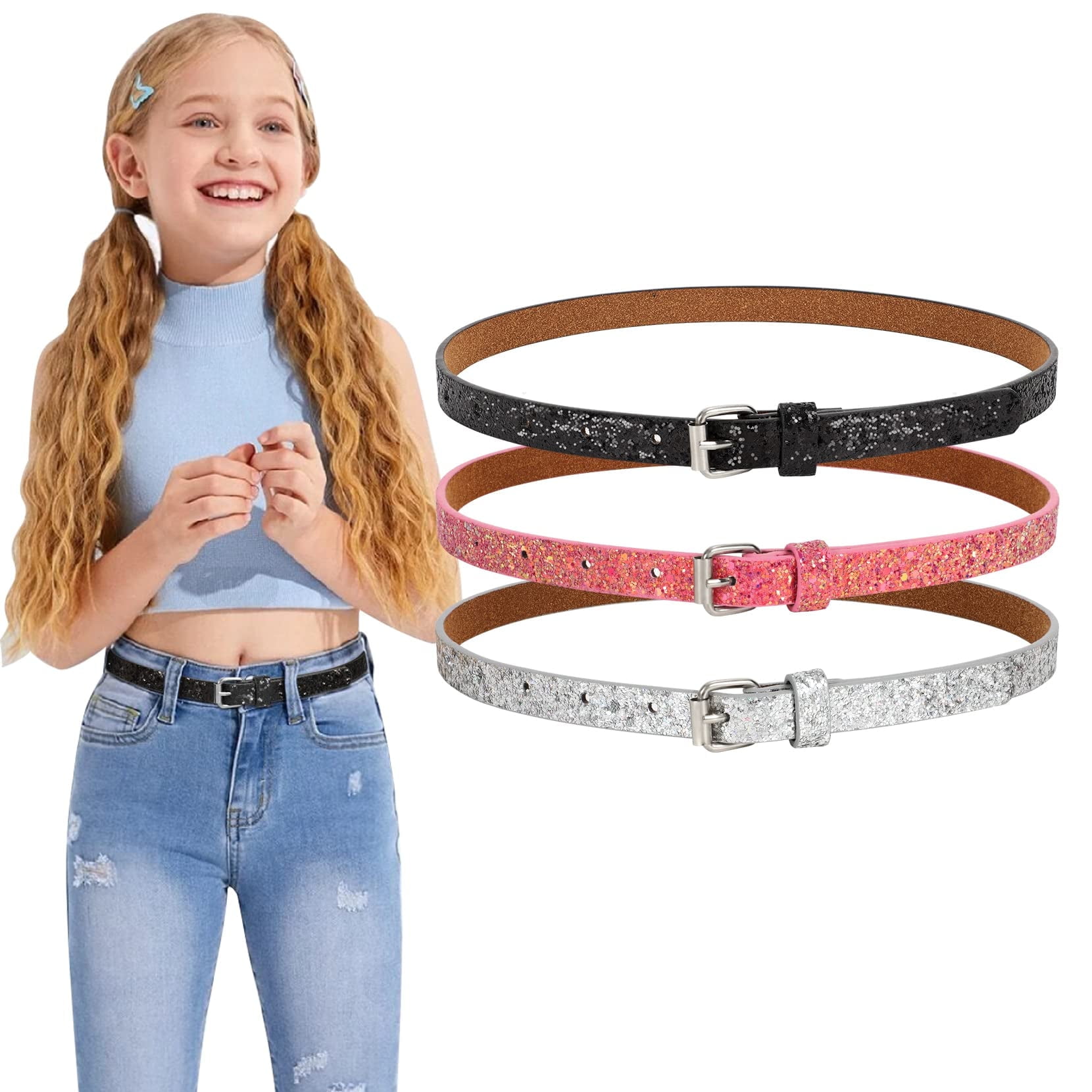 3 Pack Glitter Girls Belt Colorful Kids Skinny Belts for Jeans Dress ...
